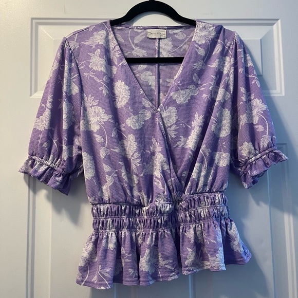 MELLODAY | Tops | Melloday Purple Puff Sleeve Peplum Blouse | Poshmark